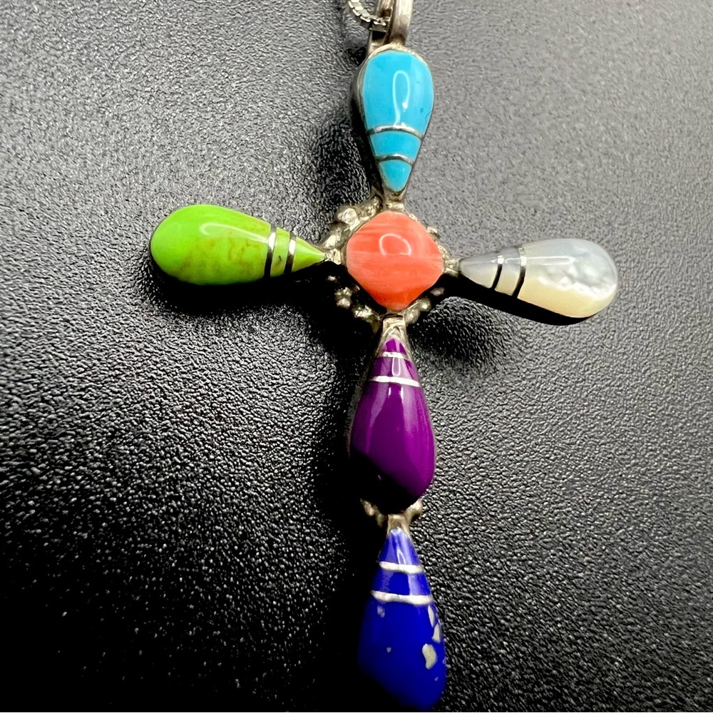 Vintage Zuni Artist Signed Multi Stone Inlay Cross Ne… - Gem